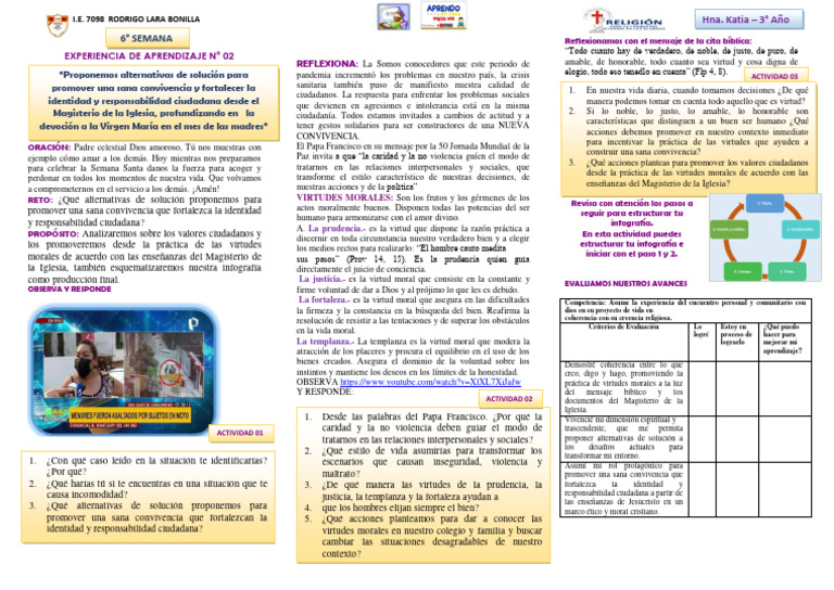6° Semana Ficha - 3° Año - Religión 2022 | PDF | Virtud | Moralidad