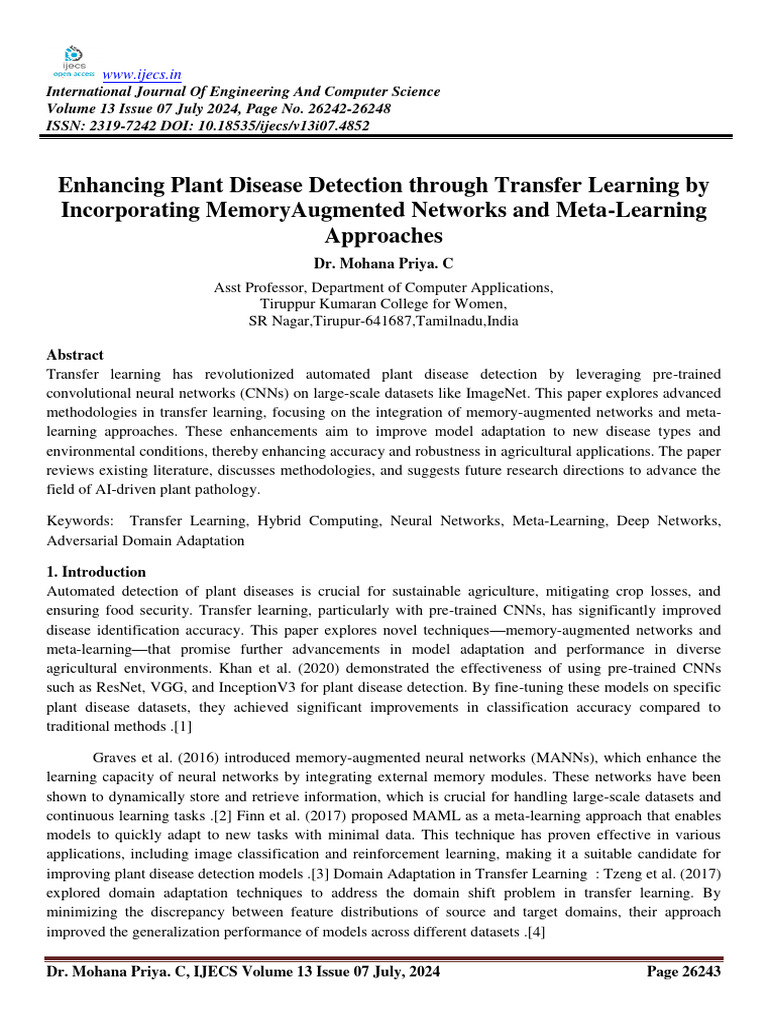 Enhancing plant disease Detection throughTransfer Learning by Incorporating MemoryAugmented ...