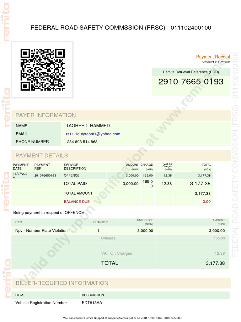 FRSC Payment Receipt for Offence | PDF | Payments | Land Transport
