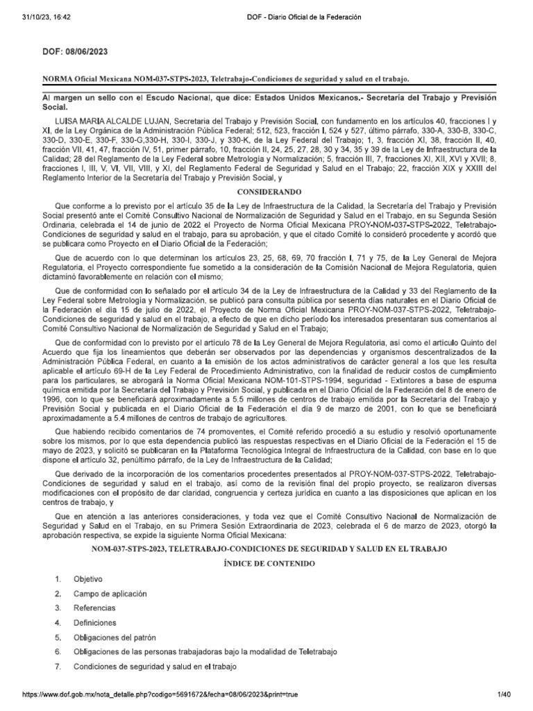 NOM-037-STPS-2023. Teletrabajo-Condiciones de Seguridad y Salud en El Trabajo | PDF