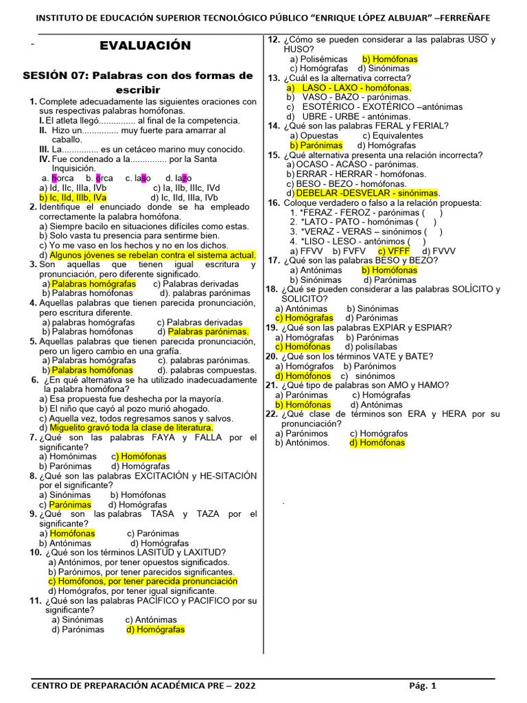 Evaluación Sesión 07 Palabras Con Dos o Más Formas de Escribir | PDF ...