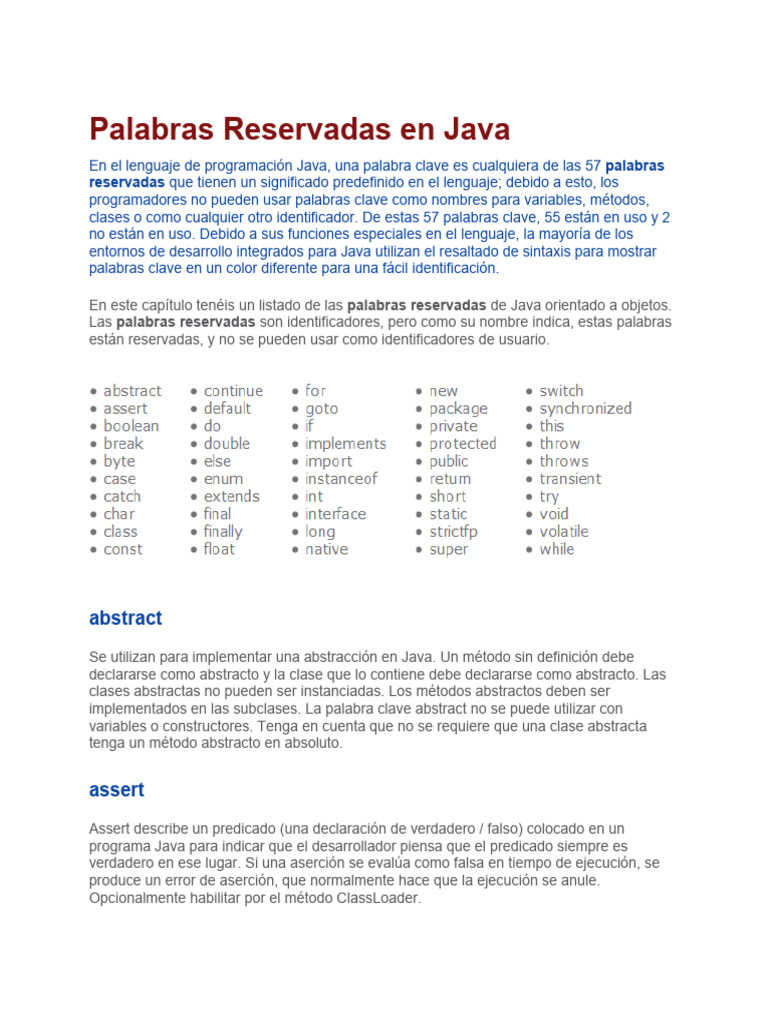 Palabras Reservadas en Java | PDF | Java (lenguaje de programación) | Tipo de datos