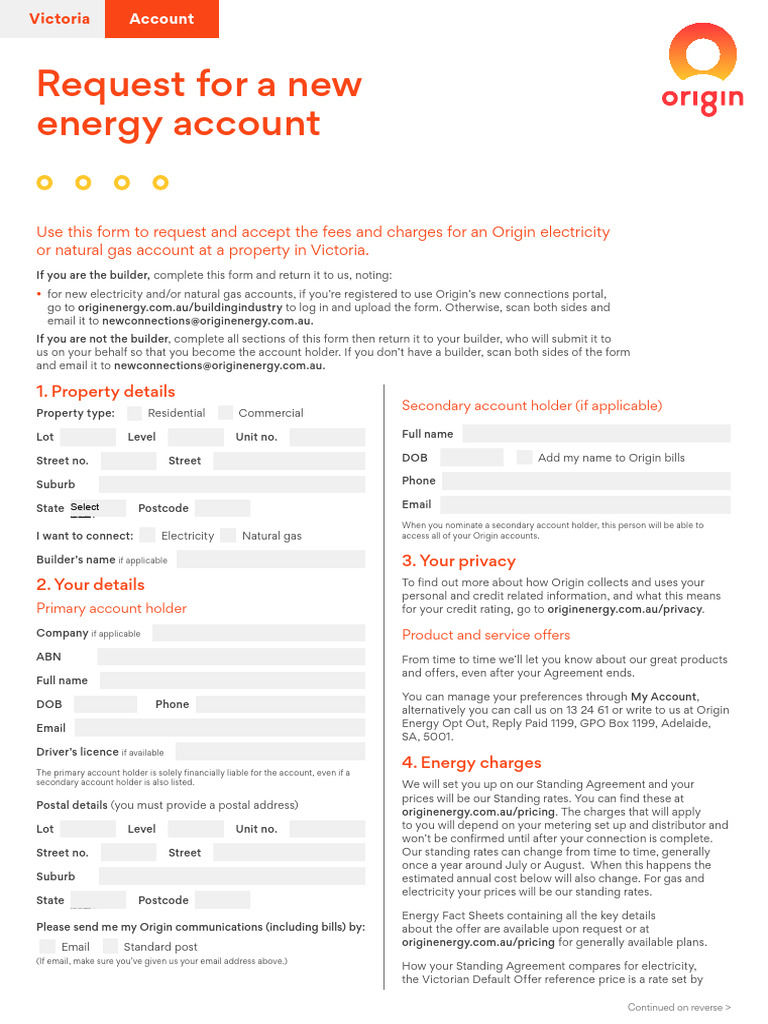Request for Origin Energy Account Setup | PDF | Fee | Payments