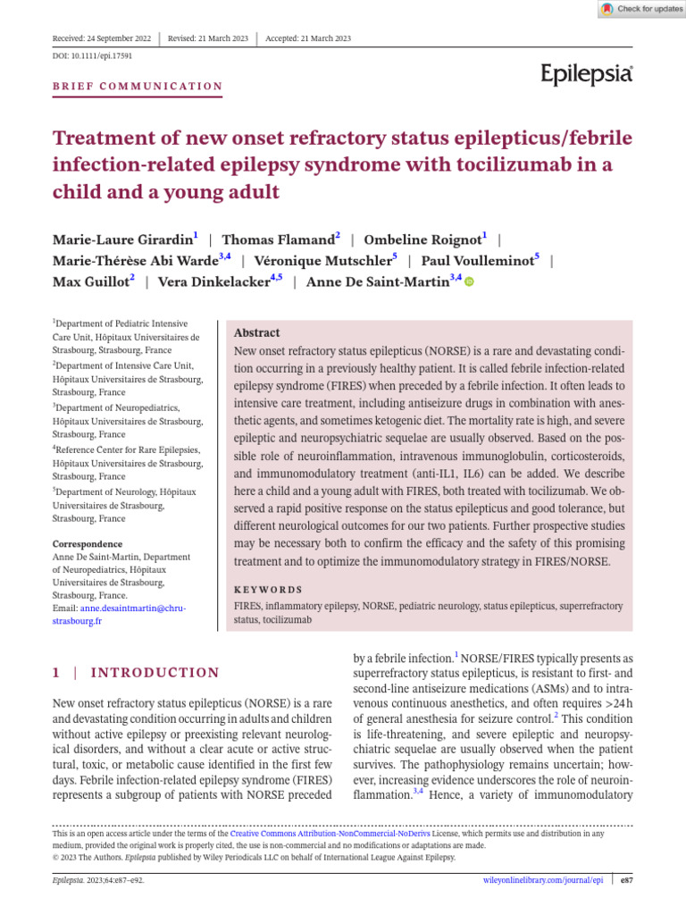 Epilepsia - 2023 - Girardin - Treatment of New Onset Refractory Status Epilepticus Febrile ...