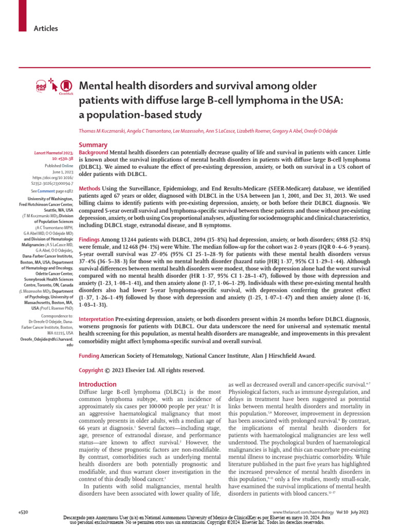 Mental Health Disorders and Survival Among Older Patients With Diffuse ...
