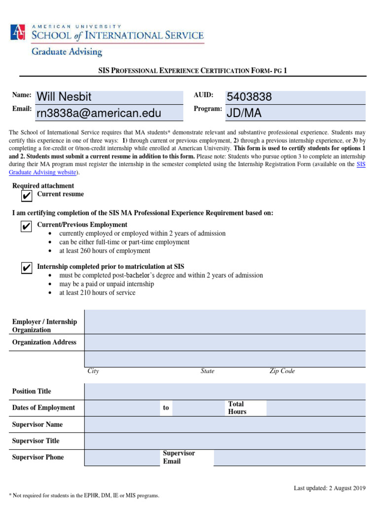 SIS Professional Experience Certification Form | PDF | Internship | Job ...
