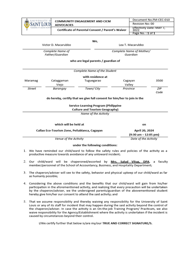 FM CEC 010 Certificate of Parental Consent Macarubbo Gill | PDF | Family
