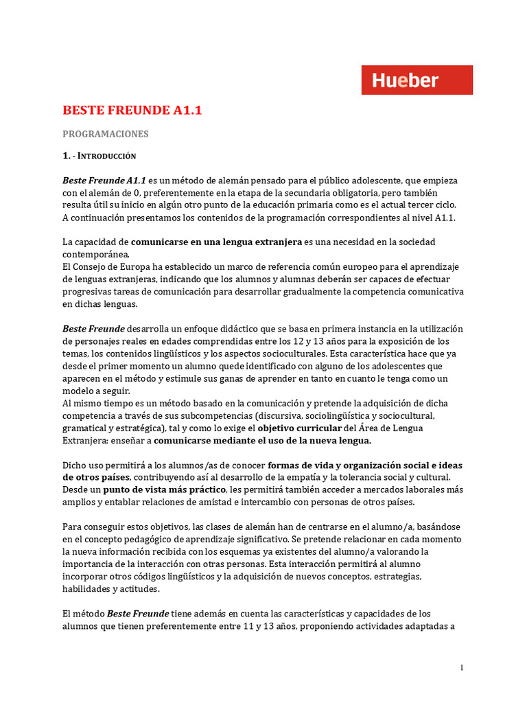 Programacion Beste Freunde A1 1 | PDF | Plan de estudios | Evaluación