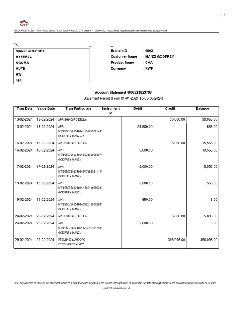 AB Bank Statement for Manzi Godfrey | PDF | Debits And Credits | Banking