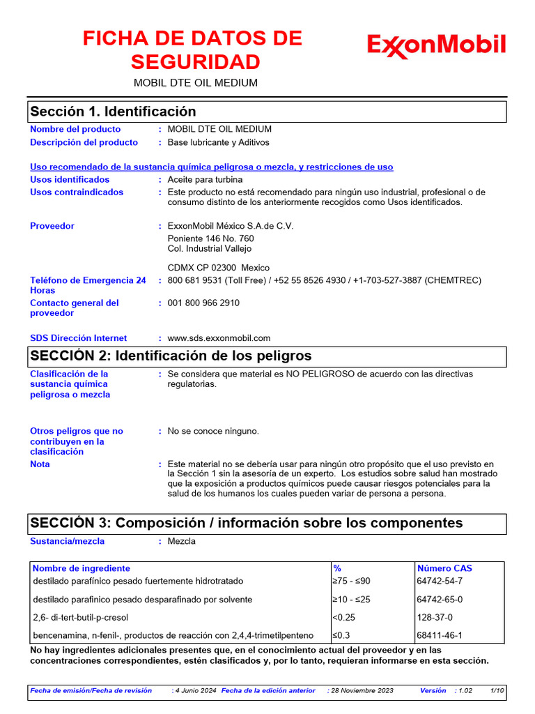 MSDS Mobil Dte Oil Medium | PDF | Química | Física Aplicada e ...