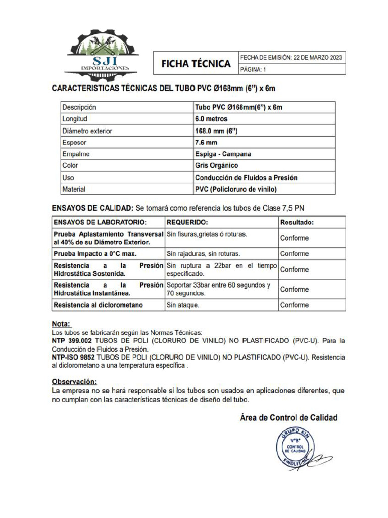 Ficha Técnica - Tubo PVC D 6 Pulg. para Subdren Longitudinal | PDF