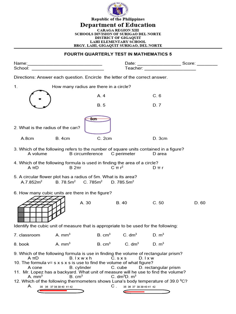 4th MATH 5 | PDF | Volume | Area