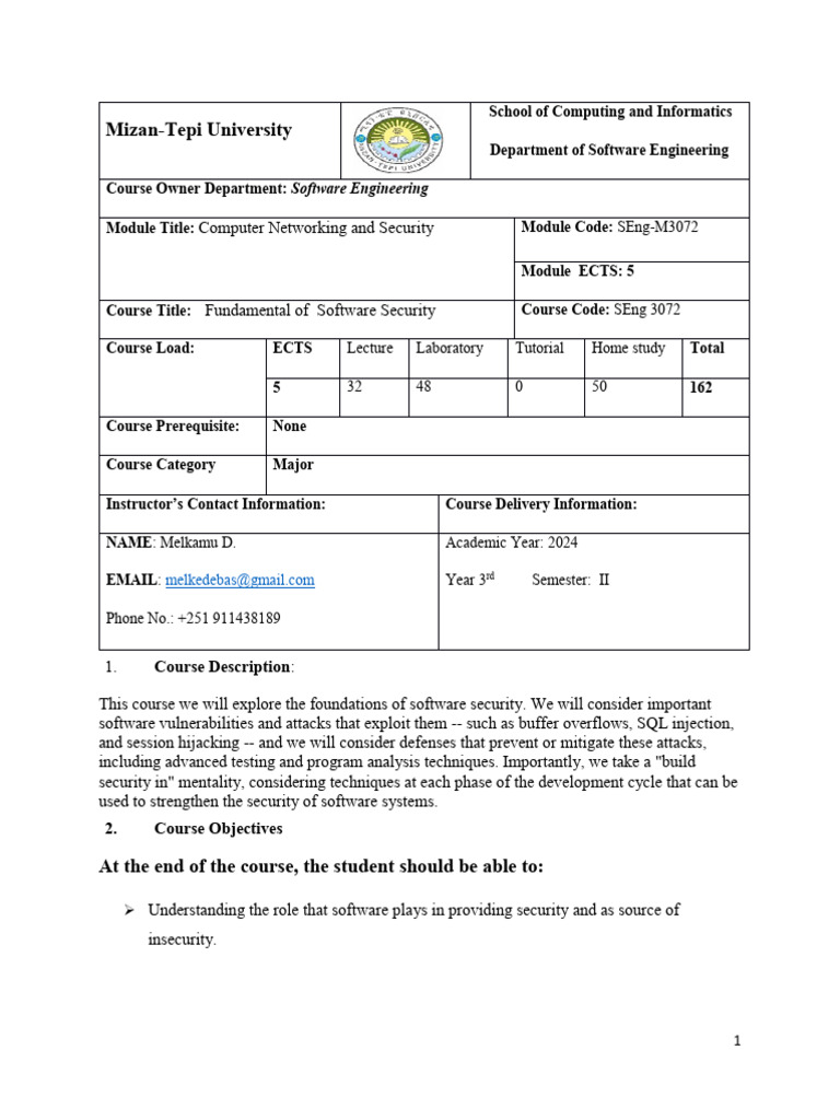 Software Security Course Outline | PDF | Cryptography | Security