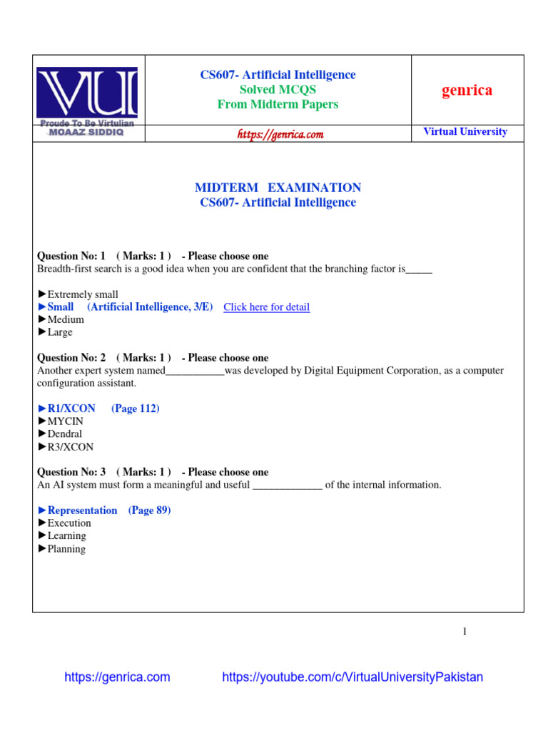 CS607 - Midterm Solved Mcqs With References by Moaaz | PDF | Fuzzy Logic | Artificial Intelligence