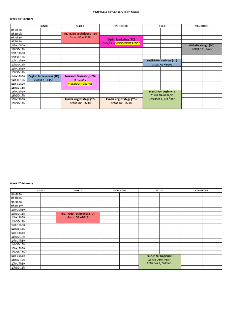 Timetable February - Ana 3 | PDF