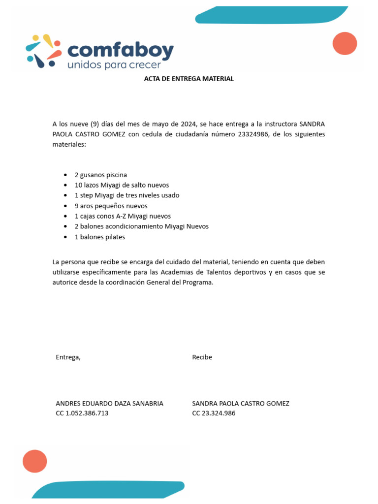 ACTA DE ENTREGA MATERIAL | PDF