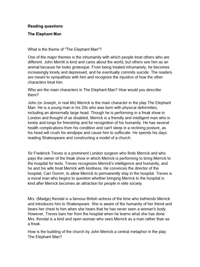 Reading questions The Elephant Man | PDF