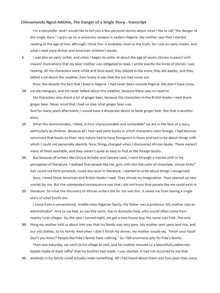 The Danger of a Single Story - Transcript | PDF