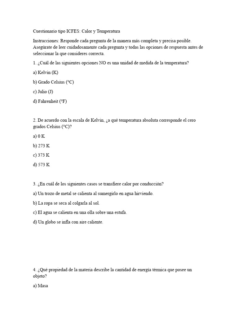 Cuestionario Tipo ICFES Fiscia | PDF | Temperatura | Capacidad calorífica