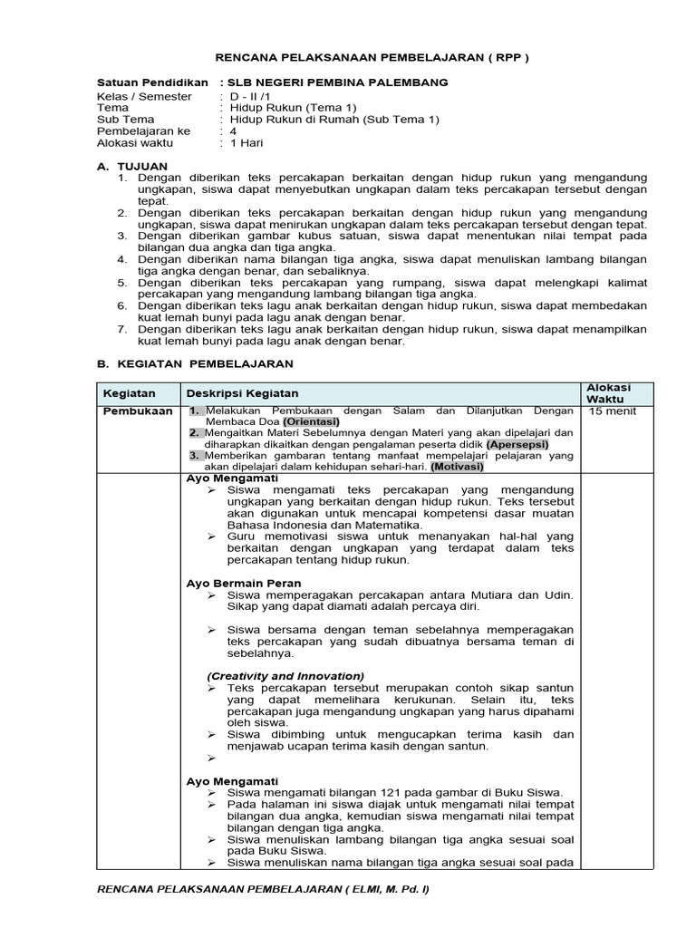RPP Kelas D-2 Tema-1 Subtema-1 Pertemuan-4 | PDF | Seni & Disiplin Bahasa