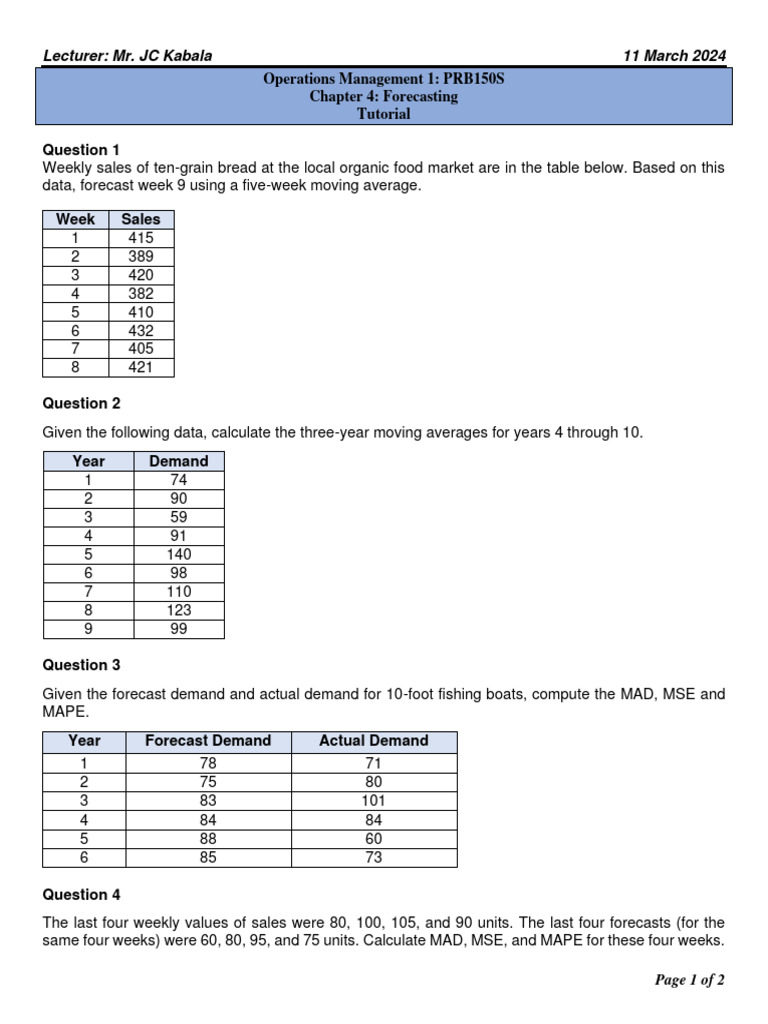 Operations Management Forecasting Tutorial | PDF | Forecasting | Moving Average