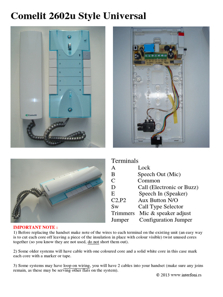 Comelit 2602u Wiring Instructions | PDF