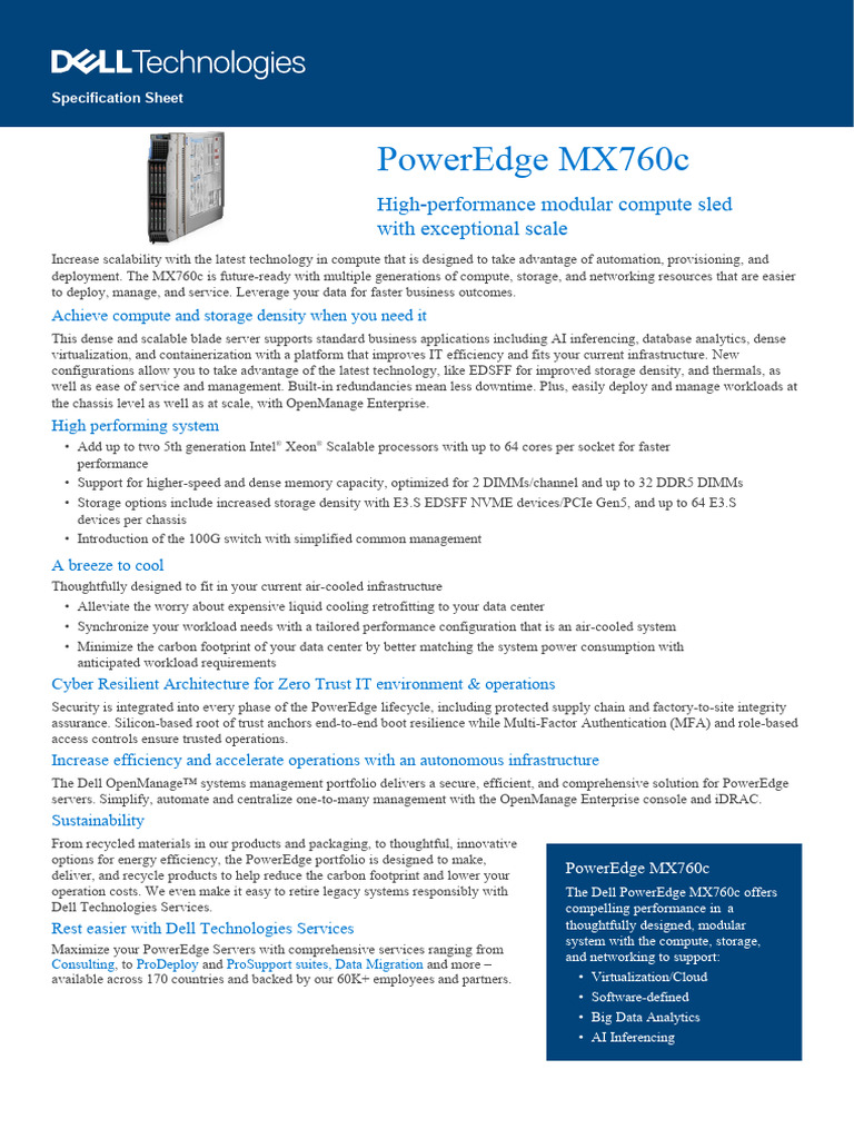 Poweredge mx760c Spec Sheet | PDF | Scalability | Solid State Drive