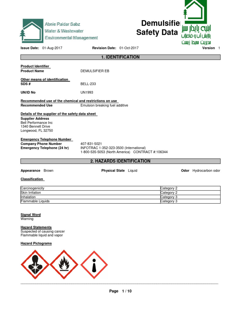 Demulsifier EB Safety Data Sheet | PDF | Toxicity | Occupational Safety ...