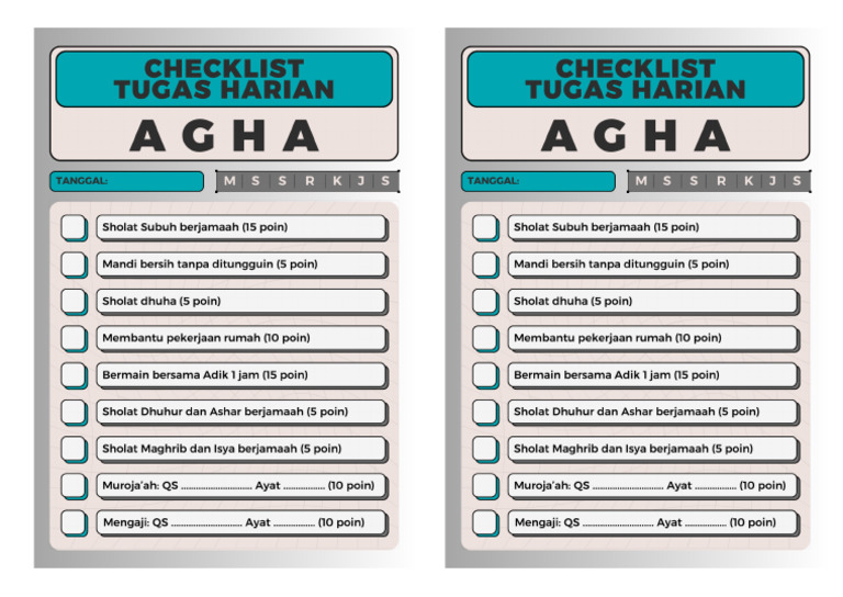 Checklist Tugas Harian Kakak Agha Print | PDF
