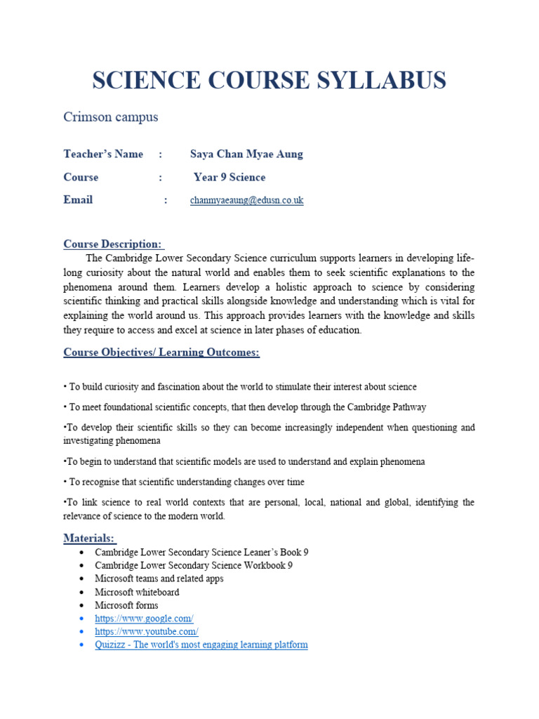Year 9 Science Syllabus | PDF | Chemical Bond | Chemical Reactions
