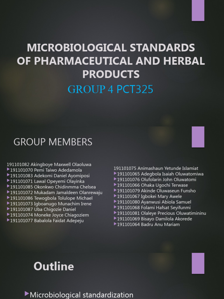 Group 4 Microbiological Standard in Pharm. & Herb | PDF | Food And Drug ...