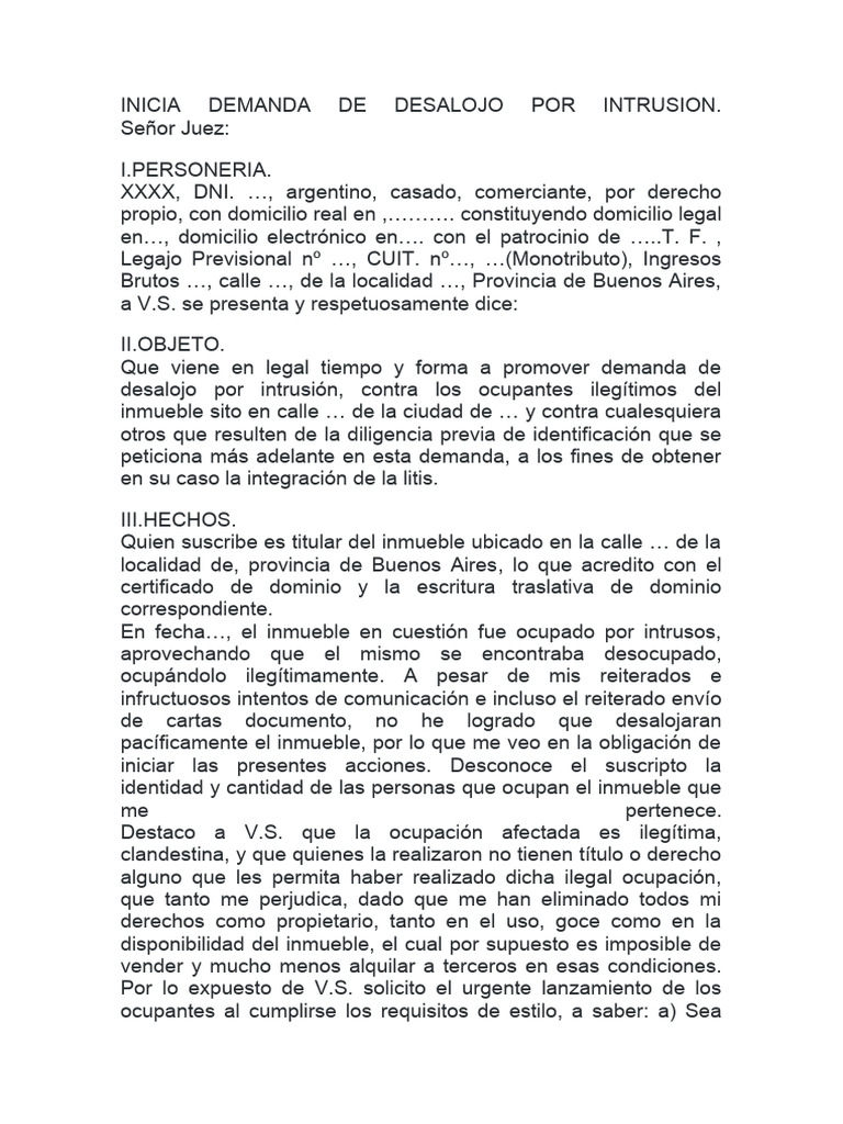 Ejemplo de Desalojo | PDF | Demanda judicial | Ley procesal