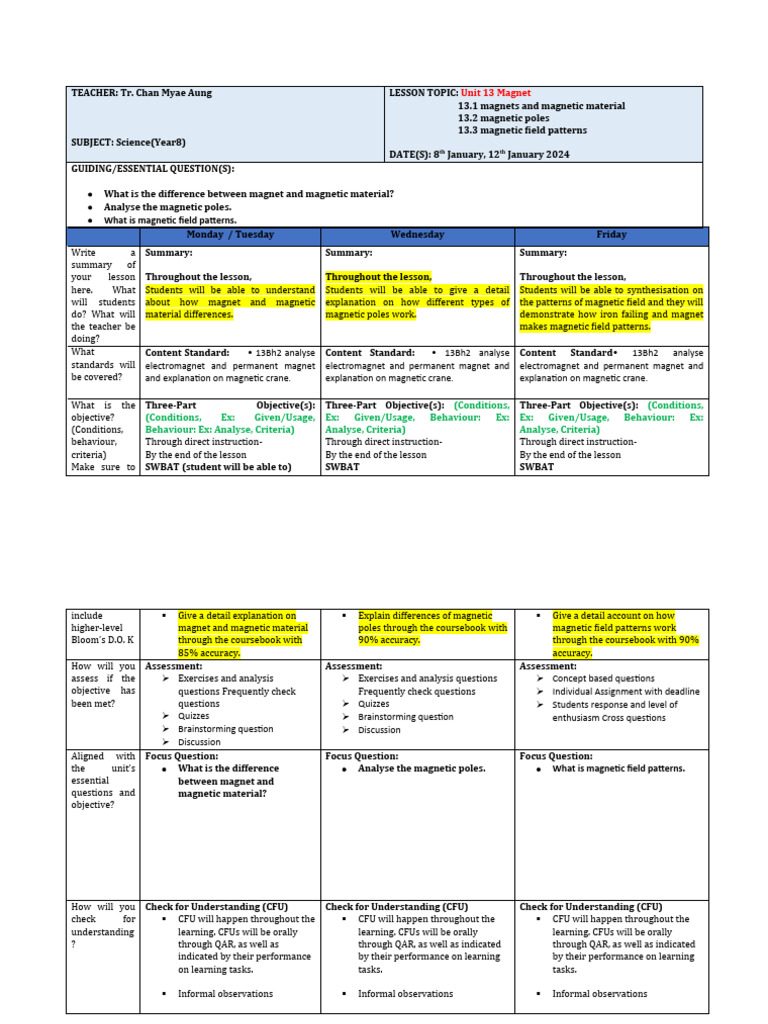 Lesson Plan | PDF | Magnet | Magnetic Field