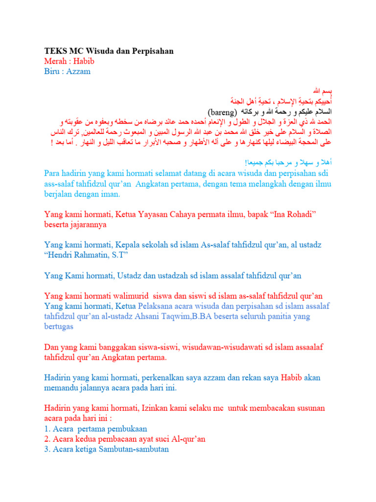 Script MC Acara Wisuda Sdi Assalaf | PDF