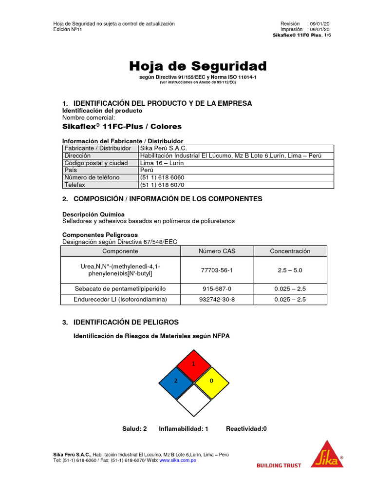 MSDS - SIKA - SikaFlex | Descargar gratis PDF | Agua | Lentes de contacto