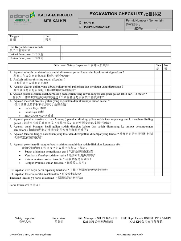 KPS-HSES-FR-SF-071 Form EXCAVATION CHECKLIST - Translated | PDF