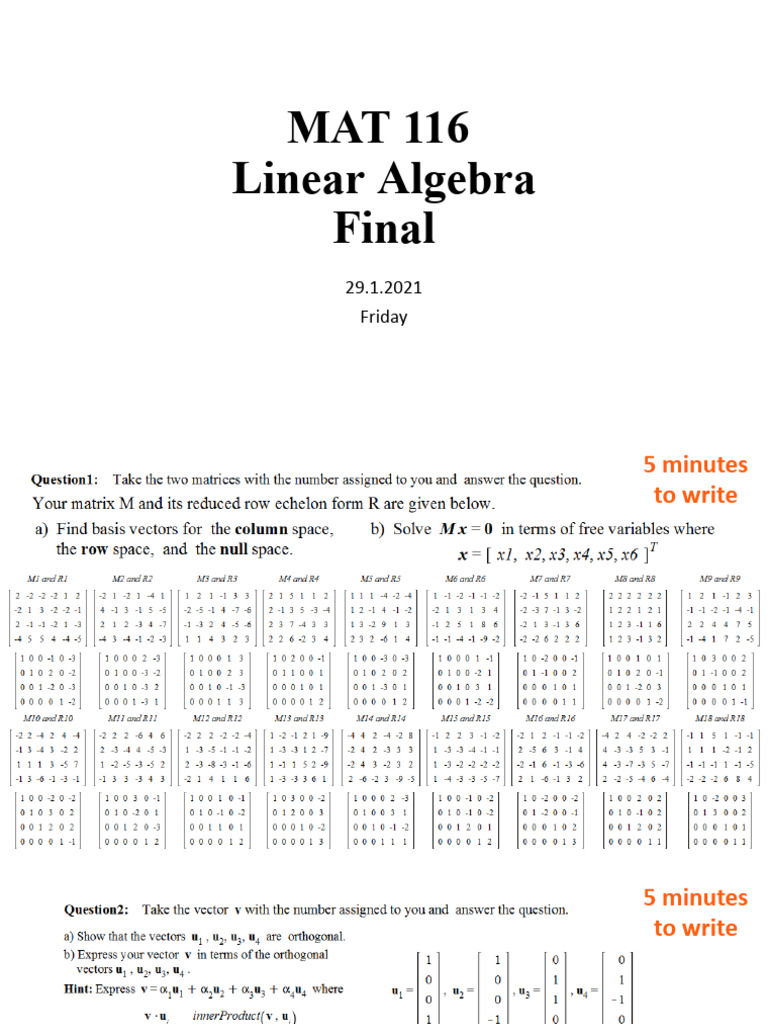 MAT 116 Linear Algebra Final Exam | PDF