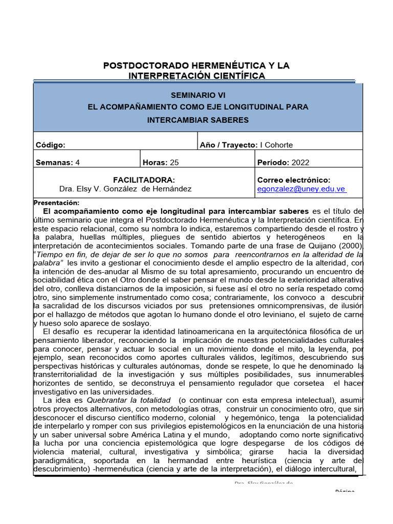 Programa Sinoptico. Seminario 6 Postd. Hermenéutica... | PDF | Hermenéutica | Conocimiento