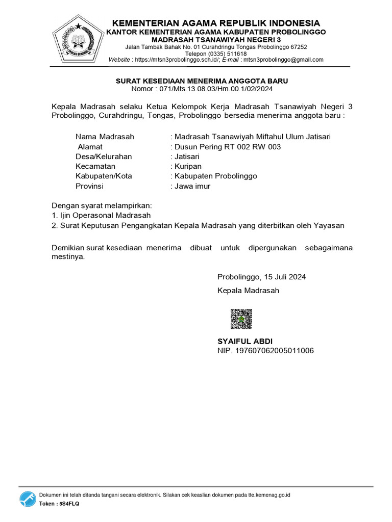 SURAT PENERIMAAN ANGGOTA KKM MTs MI - MUJ | PDF