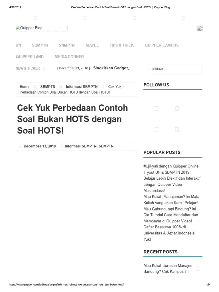 Cek Yuk Perbedaan Contoh Soal Bukan HOTS Dengan Soal HOTS! - Quipper Blog | PDF