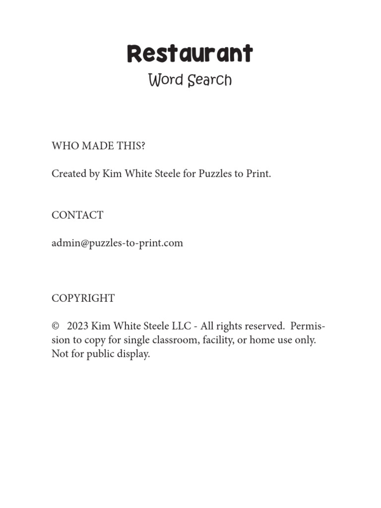Restaurant Word Search | PDF | Word Search | Word Puzzles