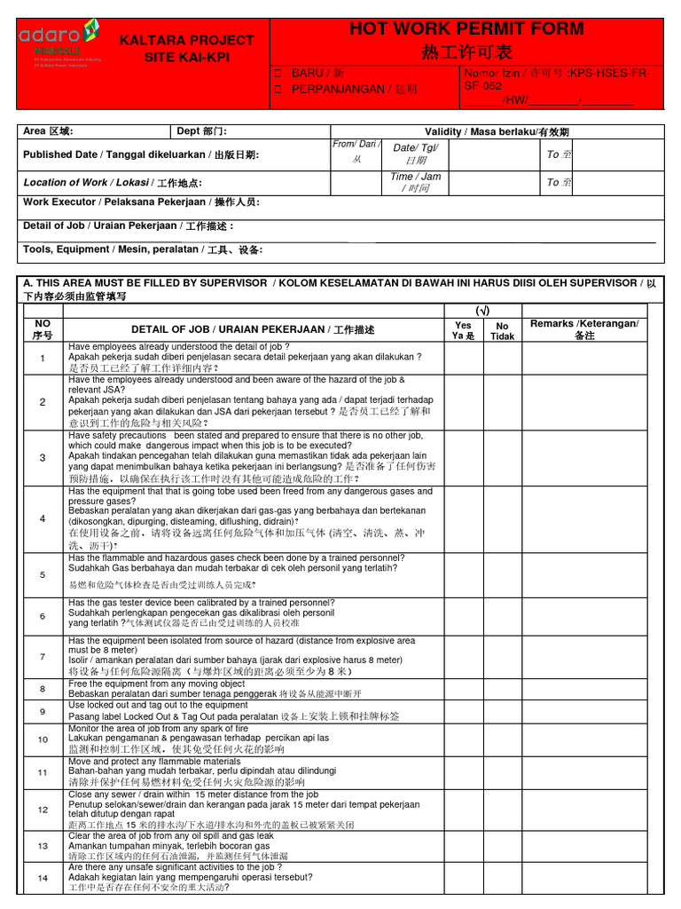 KPS-HSES-FR-SF-052 Form Hot Work Permit (ID-CHN) - 热工许可表 | PDF