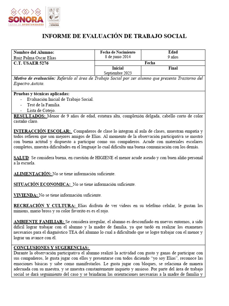 INFORME INICIAL DE EVALUACIÓN DE TRABAJO SOCIAL RUIZ PALMA OSCAR ELIAS ...