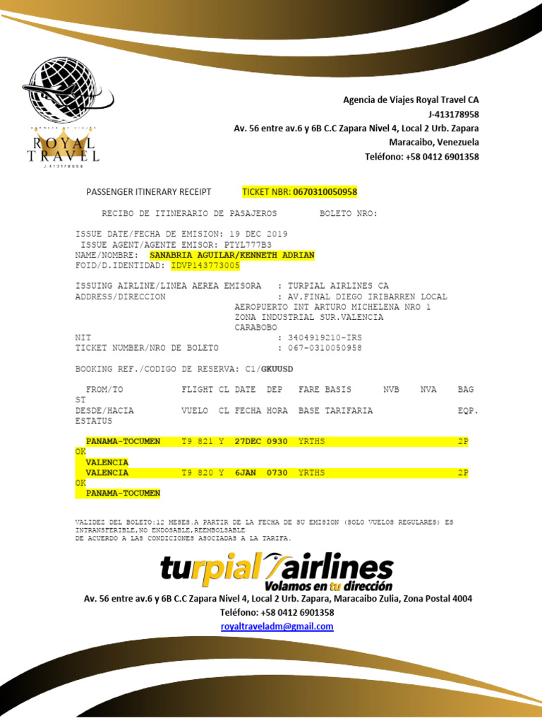 Formato ROYAL Boleto Turpial | PDF | Industrias de servicio | Aviación