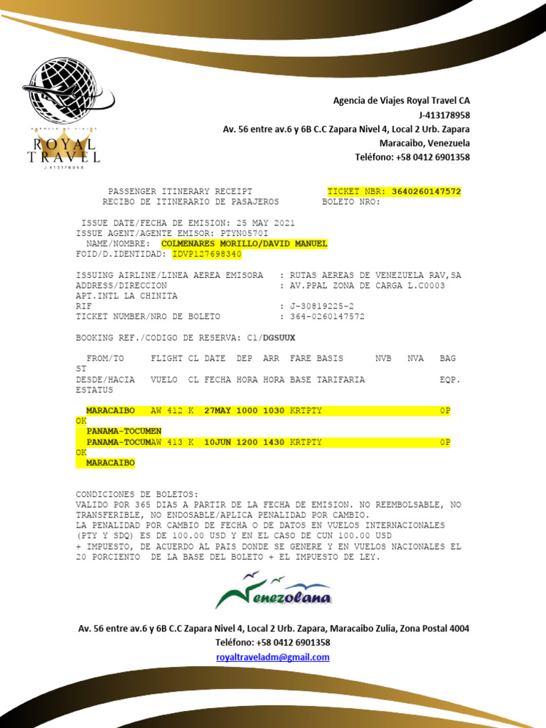 Formato ROYAL Boleto Venezolana | PDF | Venezuela | Industrias de servicio