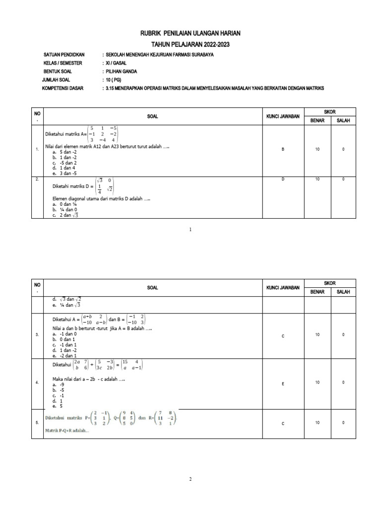 Rubrik Penilaian Uh 3.15 Operasi Matriks | PDF
