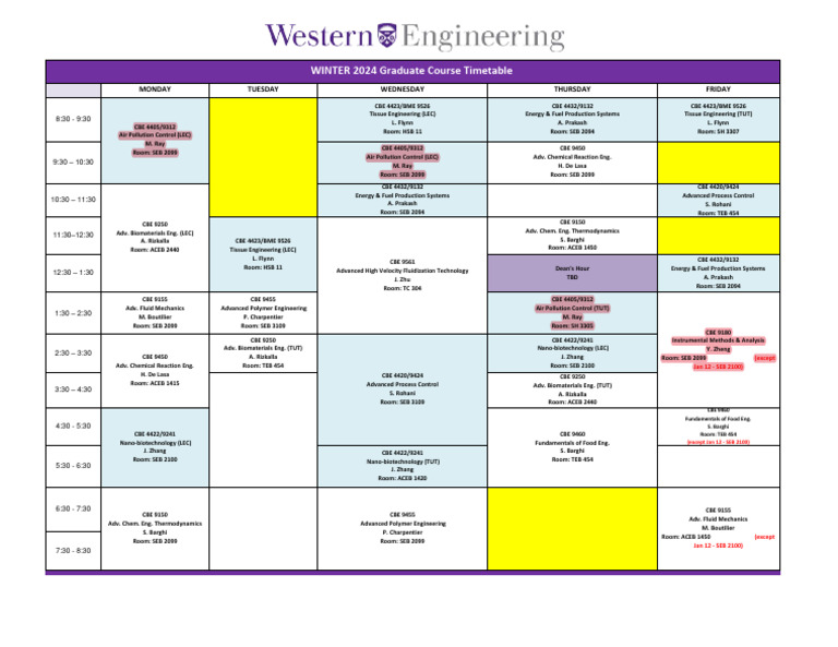 GRAD TIMETABLE - WINTER 2024 | PDF | Chemical Engineering | Mechanical Engineering