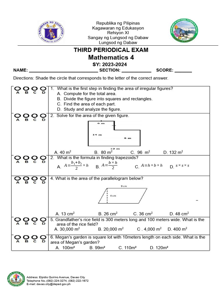 TQ Mathematics 4 Quarter 4 S.Y. 2023-2024 | PDF | Area | Volume