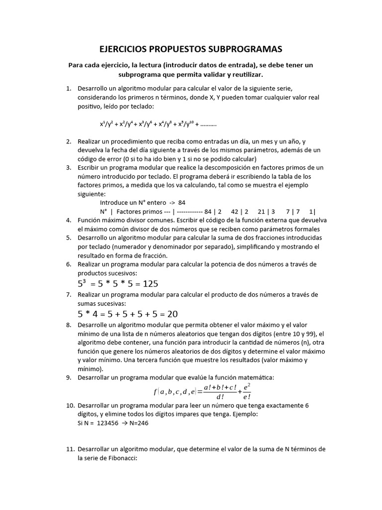Practica 5 - Ejercicios Subprogramas | PDF | Algoritmos | Aritmética