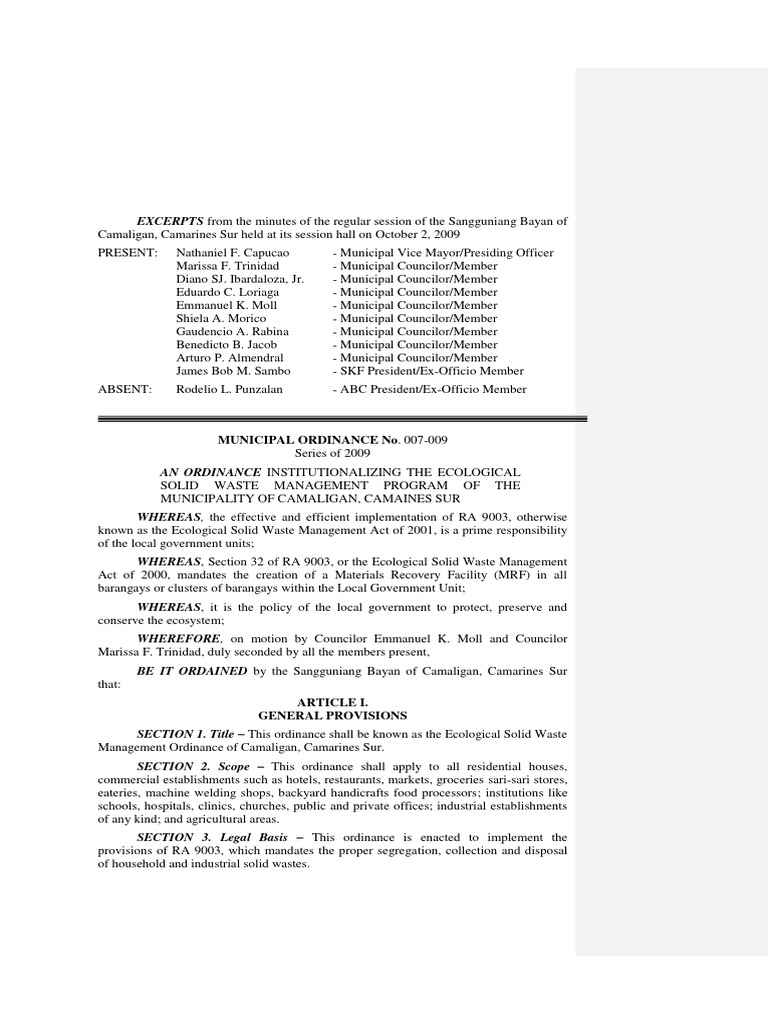 Camaligan Ecological Waste Management Ordinance | PDF | Waste | Waste Management